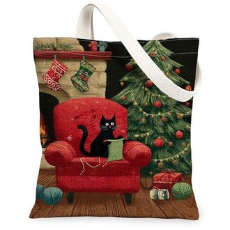 Generic Sacs fourre-tout en toile motif chat de No&euml;l, sacs d&eacute;picerie r&eacute;utilisables, festifs, l&eacute;gers et lavables en toile pour voyage, 33 x 38 cm