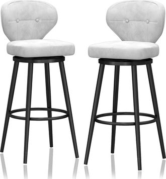 Generic Modernes Samt-Drehhocker-Set (2Er-Set) mit R&uuml;ckenlehne, K&uuml;cheninsel-Hocker In Tresenh&ouml;he mit Schwarzen Metallbeinen, Wei&szlig;