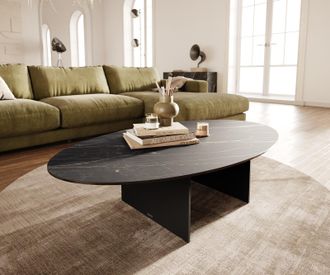 DELIFE Couchtisch Edge Oval 140x80 cm Keramik Laminam Noir Desir Braun Salto Metall Schwarz, Couchtische