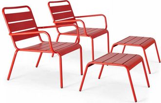 Oviala Lot de 2 fauteuils relax avec repose-pieds en m&eacute;tal rouge - Palavas
