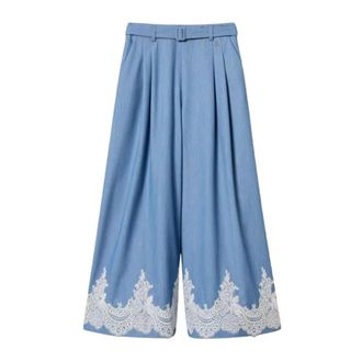 Twinset Femme, Pantalons, Bleu, Taille: 38 FR Pantalon Palazzo avec Dentelle et Ceinture