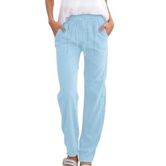 Generic Pantalon en coton et lin pour femme - Jambe large - Pantalon de plage d&eacute;t&eacute; pour femme - Confortable - Pantalon de yoga Palazzo XIYU26065, bleu clair, 