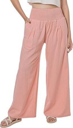 Lofbaz Femme Pantalon Large Été en Coton et Lin Fluide Palazzo Plage Taille Haute Bohème Long Pantalon de Salon avec Poches Rose Bois de Rose 2XL