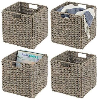 mDesign 4er-Set Aufbewahrungskorb - faltbare Aufbewahrungsbox aus Seegras - Regalkorb mit Flechtmuster - ideal zur Aufbewahrung in Würfelregalen - grau