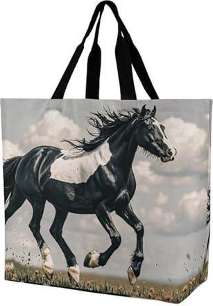 Generic Chevaux Noirs Et Blancs Qui Courent Sac A Main Femmes Imperm&eacute;able Tote Bag D&eacute;contract&eacute; Sac Courses Pour Gym Shopping Quotidienne