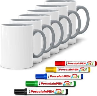 Tassendruck Bastel-Tassen ohne Druck zum Bemalen aus Hochwertiger Keramik Einzeln oder im Set/Mug/Cup/Becher/Pott Innen & Henkel Grau 6er Set mit Porzellanmalstif