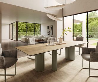 DELIFE Esstisch Edge 300x100 Keramik Laminam Sabbia Eichefarbig Troa Metall Effektfinish Titan, Esstische