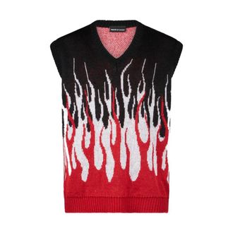 Vision Of Super Jacquard Flames Gilet - Schwarz/Wei&szlig;/Rot - - Knitwear - Herren - Mehrfarbig - L