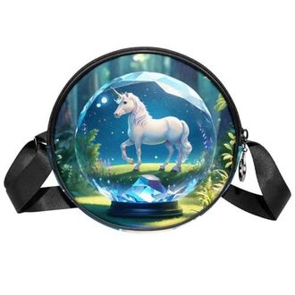 Generic Sac &agrave; bandouli&egrave;re rond pour femme, motif licorne et boule de cristal, petit sac &agrave; bandouli&egrave;re avec fermeture &eacute;clair, bretelles r&eacute;glables, sac &agrave; main r