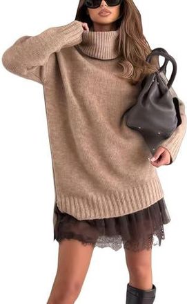 Generic Mini robe pull à col roulé pour femme avec ourlet à volants en tricot élégant avec bordure en dentelle décontractée pull doux et ample surdimensionné,