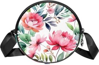 Generic Petit sac &agrave; bandouli&egrave;re circulaire pour femme, motif feuilles florales, sac &agrave; dos avec fermeture &eacute;clair, bretelles r&eacute;glables, sac &agrave; main rond d&eacute;contra