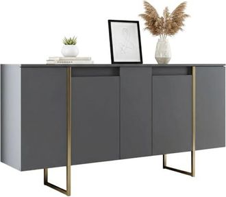 Dmora Kommode Betel, Wohnzimmerbuffet, Wohnzimmer-Sideboard, Moderne K&uuml;chen-Speisekammer, 160x35h80 cm, Walnuss und Gold