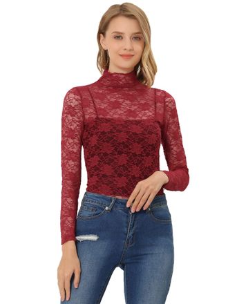 Allegra K Damen Langarm Durchsichtig Spitze Oberteil Stehkragen Mesh Blumen Lace Hochgeschlossene Top Bluse Burgund XL