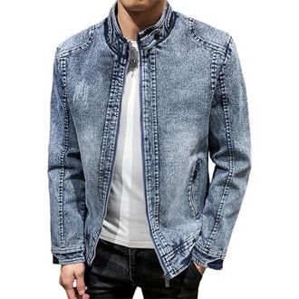 Generic Veste en jean d&eacute;lav&eacute; et us&eacute; pour homme, en polaire, fermeture &eacute;clair, col montant, doublure fausse fourrure, style trucker d&eacute;contract&eacute;, bleue, taille 