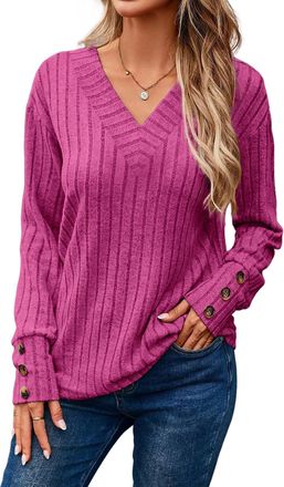 Dokotoo Pullover Damen V-Ausschnitt Langarmshirt Leichte Strickpullover Herbst L&auml;ssige Oberteile Pulli Tops mit Knopf, Rose, S