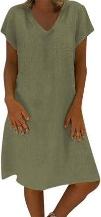 Generic Robe dété en lin pour femme - Col en V - Manches courtes - Grandes tailles - Robe dété décontractée - Robe dété légère et aérée - Robe de plage en cot