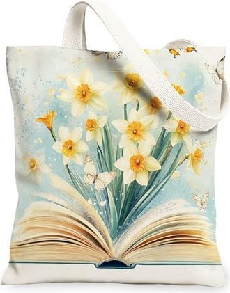 Generic Sac fourre-tout en toile avec jonquilles printani&egrave;res pour le shopping, 33 x 38 cm, sac d&eacute;picerie r&eacute;utilisable pour femme, peinture de voyage florale,