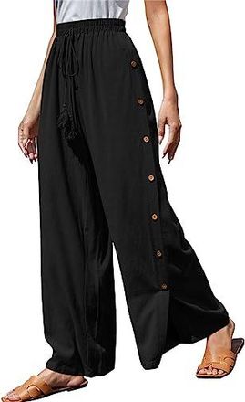Generic Pantalon boh&egrave;me avec boutons sur le c&ocirc;t&eacute; pour femme - Taille haute - Cordon de serrage - Jambe fendue fluide - Vacances - Plage - Yoga - Pour les voya