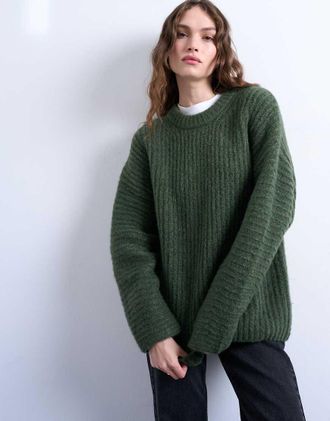 Topshop Pull oversize en maille c&ocirc;tel&eacute;e &agrave; manches ballon - Vert