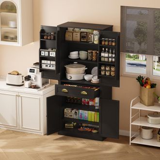 Generic LZPUOUI Hochschrank vorratsschrank schwarz 182 cm mit 4 t&uuml;ren 1 schublade und verstellbaren regalen k&uuml;chenschrank in MDF holzwerkstoff mit kippschutz 