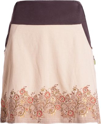 vishes Alternative Bekleidung - Damen Mini-Rock Baumwolle Blumen-Muster extra breiter Bund mit Kordel-Zug und Taschen mit Stickerei beige 42