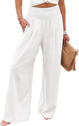 SHEKINI Leinenhose Damen Lang Sommerhose Weites Bein Causal Freizeithose Flie&szlig;end Locker Strandhose Elastische Taille Palazzo Hose mit Taschen Elegant Bequeme