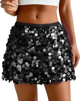 Generic Jupe &agrave; paillettes pour femme avec taille &eacute;lastique, jupe &agrave; paillettes avec taille &eacute;lastique, jupe midi, jupe trap&egrave;ze, jupe trap&egrave;ze, mini jupe scintill