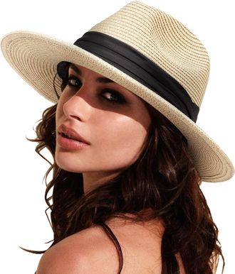 Dreshow Damen Panama Hut Breiter Krempe Stroh Sommer Fedora Strohhut Panama Aufrollen Hut Strand Rollbar UV Sonnenhut UPF 50 +