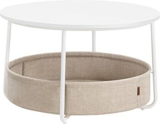 Vasagle Table Basse Ronde avec Rangement, Table de Salon avec Panier en Tissu, Style Moderne, Cadre en M&eacute;tal, Blanc Mat et Marron Camel LCT244W10