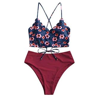 Generic Maillot De Bain Sport Femme- Ensemble De Maillots De Bain Tankini Fleuris pour Crois&eacute;S Et Sexy &agrave; Festons