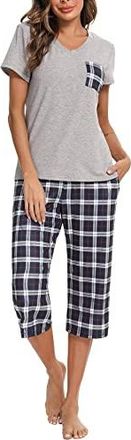 iClosam Pyjama Femme Été en Coton Ensemble de Pyjama Court à Carreaux VêTements de Nuit à Manche Courte Tenue de Nuit 2 Pièces avec T-Shirt et Pantalon Capri,
