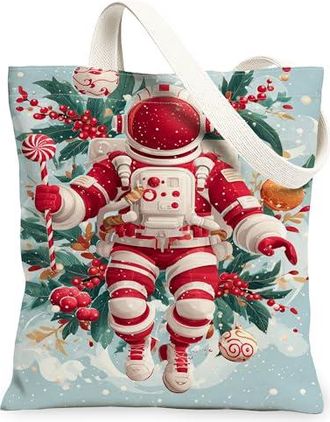 Generic Sacs fourre-tout en toile motif astronaute de No&euml;l, sacs r&eacute;utilisables, l&eacute;gers et lavables avec bandouli&egrave;re en toile pour Tr, Rouge, 13x15 Inch