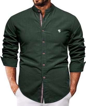 Generic Chemise formelle pour homme &agrave; manches longues en coton et lin Henley pour printemps et automne - Chemise d&eacute;contract&eacute;e &agrave; boutons - Couleur unie - Coupe