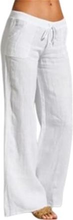 Generic Pantalon palazzo fluide en coton et lin pour femme avec cordon de serrage et taille &eacute;lastique avec poches, blanc, 5XL
