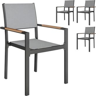 OUTSUNNY Lot de 4 chaises de Jardin avec accoudoirs Effet Bois, chaises de Salle &agrave; Manger Cadre en Aluminium fauteuils dext&eacute;rieur en Tissu Respirant pour Balco