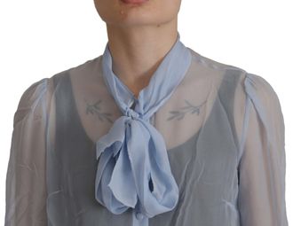 Dolce & Gabbana Womens Light Blue Silk Ascot Collar Long Sleeves Top