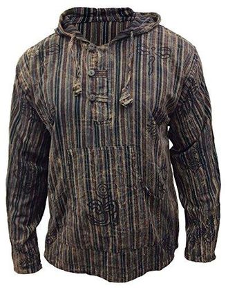 Shopoholic Fashion Hommes délavéà Rayures à Capuche Hippie Chemise Grand-père - Marron, XXX-Large