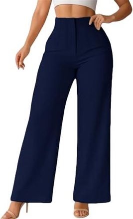 Generic Pantalon large taille haute extensible pour femme - Pour le travail et le travail - Avec poches - Pantalon fluide, bleu marine, XXL