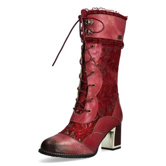 Laura Vita Damen Stiefel Leder mit floraler Pr&auml;gung Spitze und R&uuml;schen Kacio 09, Gr&ouml;&szlig;e:37 EU, Farbe:Rot