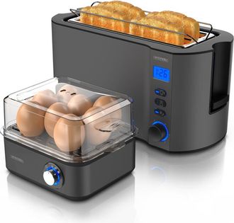 Arendo Arendo - Fr&uuml;hst&uuml;cks-Set, 8er Eierkocher + Langschlitz Toaster f&uuml;r 4 Scheiben, Grau