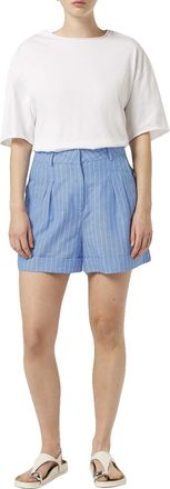 Scotch & Soda Womens High Rise Linen Printed Leinen Shorts, Blue and White Pin Stripe, XL