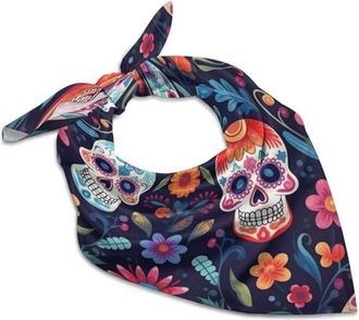 Generic Écharpe carrée en soie légère avec motif tête de mort et fleurs pour le jour des morts - Écharpe respirante pour cheveux - Cadeau pour homme et femme,