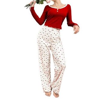 Generic Ensemble Pyjama Femme Confortable en Dentelle Col Rond Haut Court Côtelé et Pantalon Long Deux Pièces