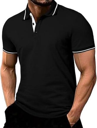 Generic Polo à manches courtes pour homme - Décontracté classique - Col boutonné - Haut de golf en coton léger, Polo noir pour homme, XL