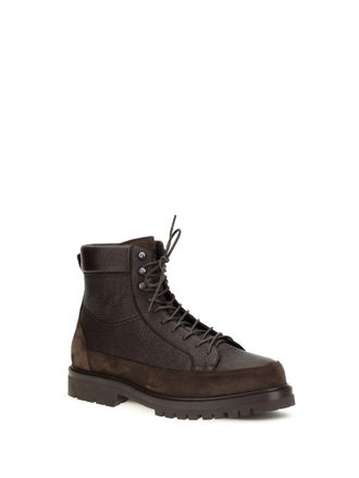 Brunello Cucinelli Mens Lace-Up Deer Leather And Suede Ankle Boots Dark Brown