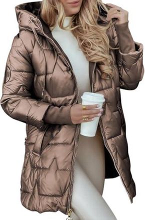 Minetom Femme Manteau Hiver Veste Matelassée Parka Chaud Blouson Zippé Manteaux À Capuche Doudoune Mi Longue Jacket Casual Outercoat Avec Poches A Marron XXL
