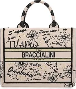 Braccialini Queen Sac à main de taille moyenne avec double poignée, fabriqué en tissu avec broderie exclusive et motifs floraux colorés et logo brodé, Love, Taill