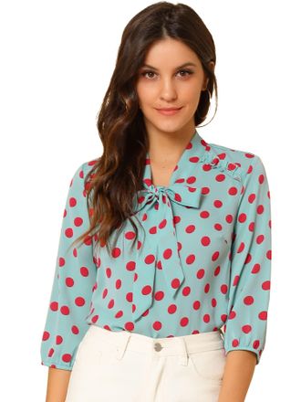 Allegra K Damen 3/4 &Auml;rmel Schluppenbluse Schleife Retro Oberteil Polka Dots R&uuml;schen Elegant Top Blau XL