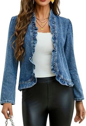 Generic Haut court tendance à manches longues ouvert sur le devant pour femme, veste en jean légère à volants pour lautomne, bleu, S