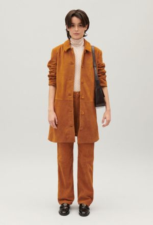 Claudie Pierlot Manteau droit cuir suede beige fonc&eacute;